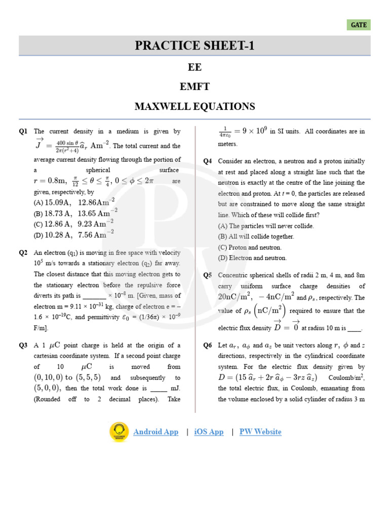 Maxwell Equation - Practice Sheet 01 | PDF | Electric Field | Flux
