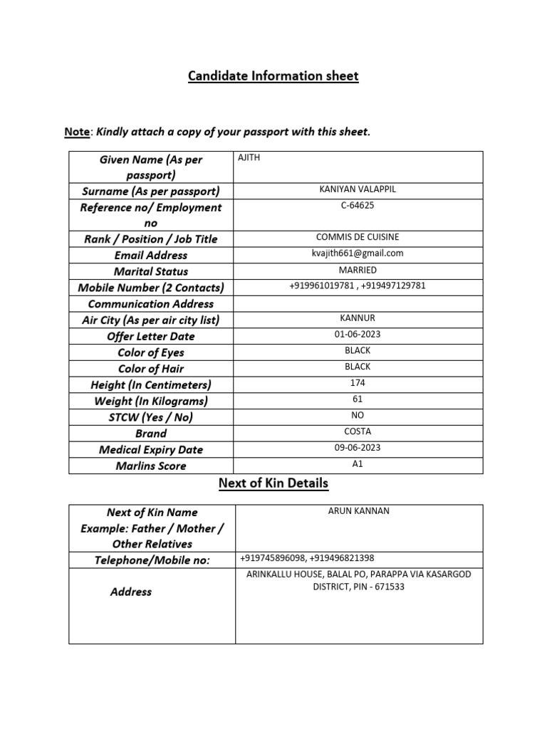 Ajith Candidate Info Sheet | PDF