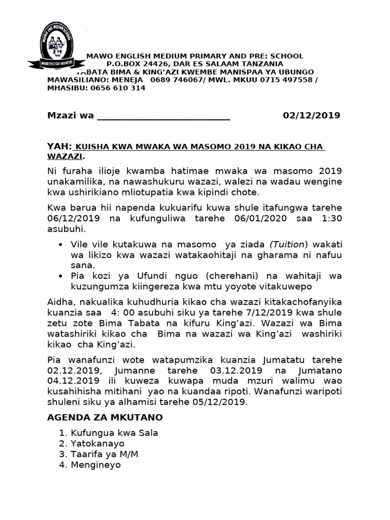 Barua Kwa Wazazi Kikao Cha Kufunga Shule Dece 2019 | PDF