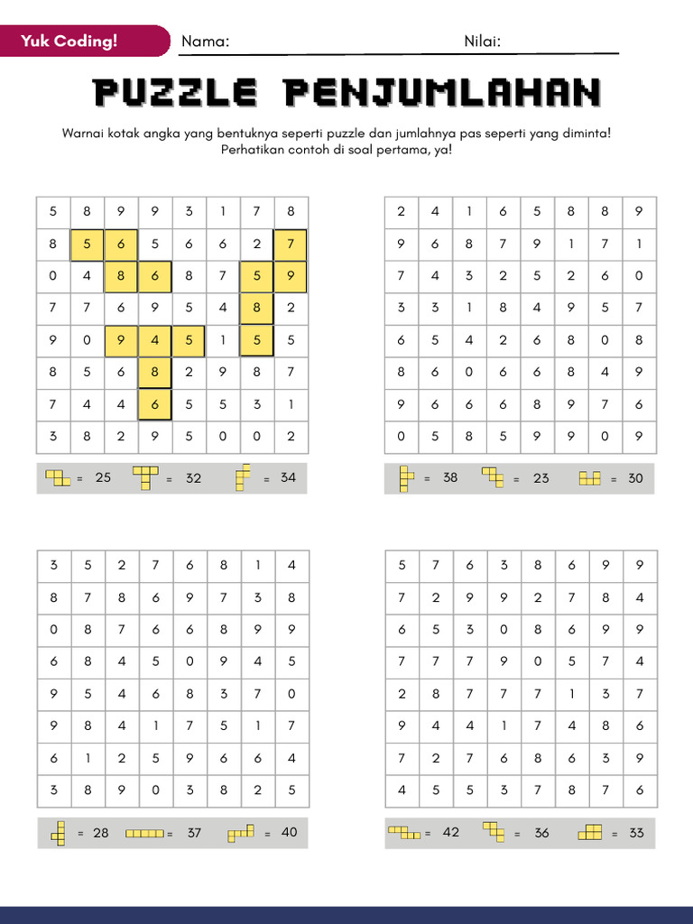 Puzzle Penjumlahan Yuk Coding Lembar Kerja Siswa Biru Dan Kuning Sederhana | PDF