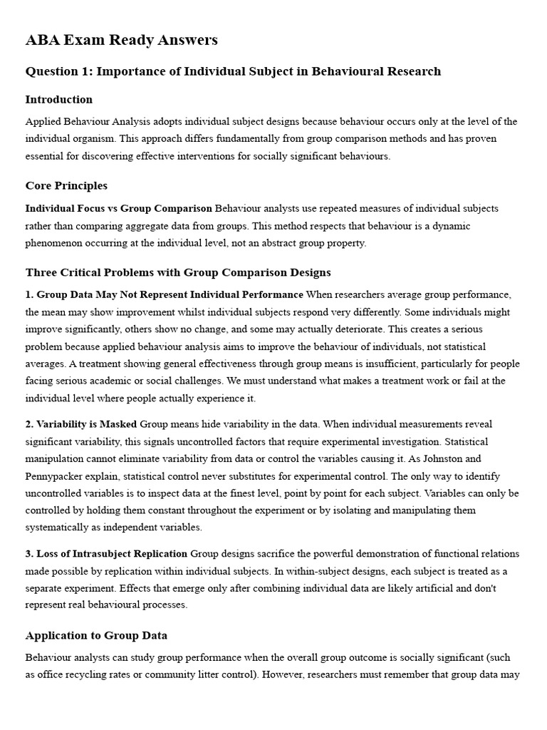 ABA Exam Answers - Individual Subject Design & Experimental Flexibility ...