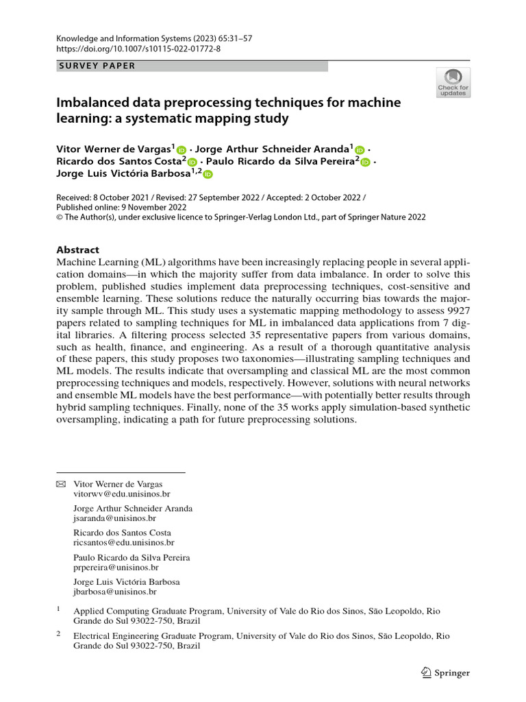 Imbalanced Data Preprocessing Techniques For Machine - Learning - A Systematic Mapping Study ...
