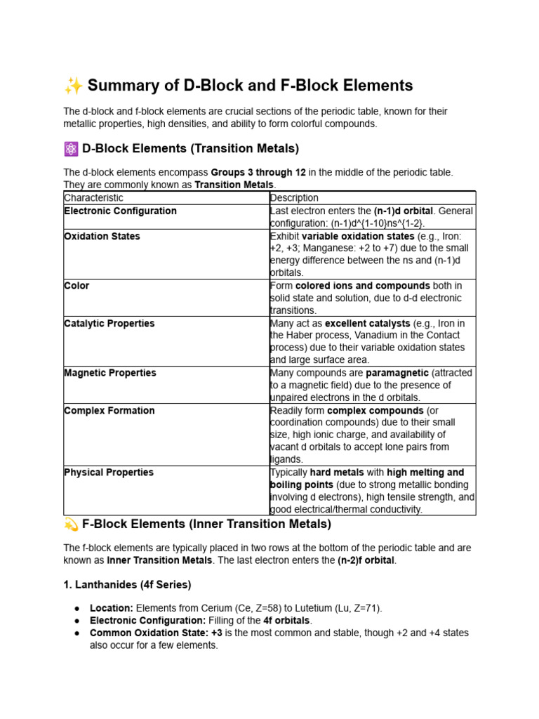 D and F Block Elements Overview | PDF | Transition Metals | Periodic Table