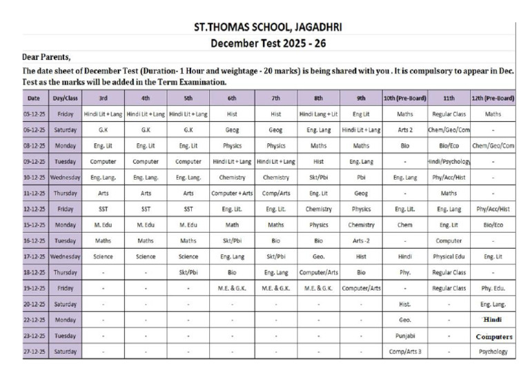 Dec Test & Pre Board Date Sheet 2025-1 | PDF