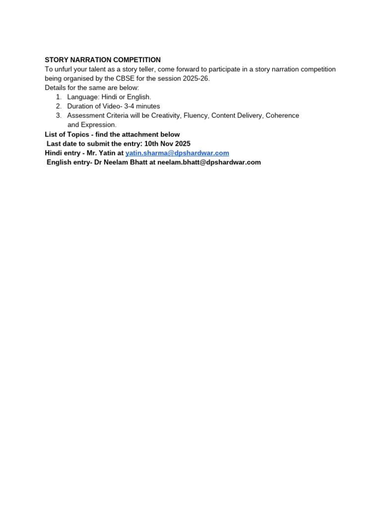 CBSE Story Narration Competition 2025-26 | PDF