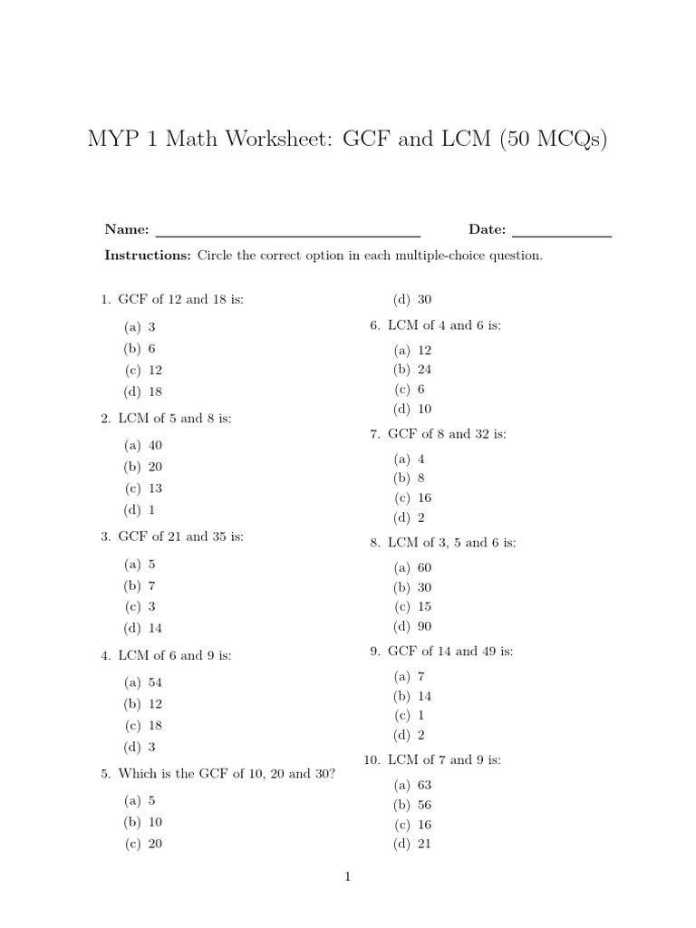 GCF and LCM Math MCQs Worksheet | PDF | Chess Theory | Chess