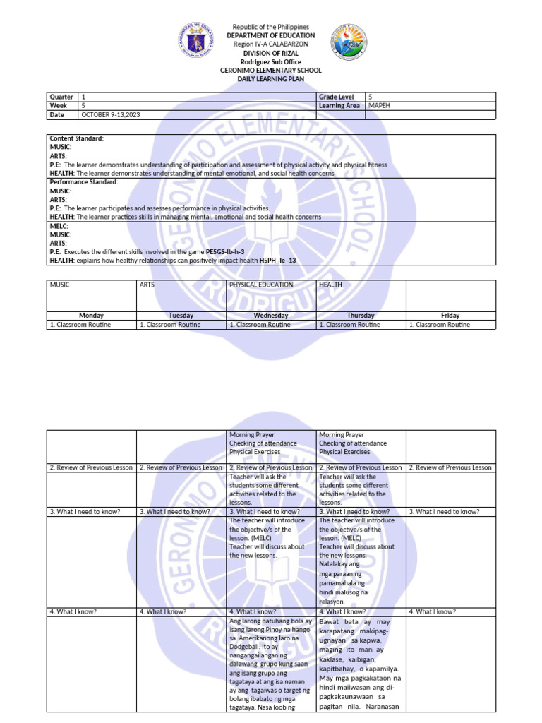 Daily Learning Plan Format MAPEH Q1W5 | PDF