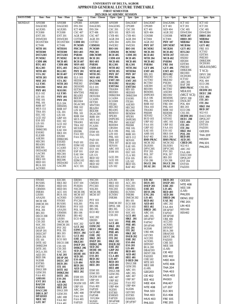 Delta University First Semester Timetable | PDF
