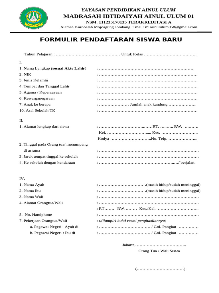 Formulir Pendaftaran Siswa Baru MI Ainul Ulum | PDF