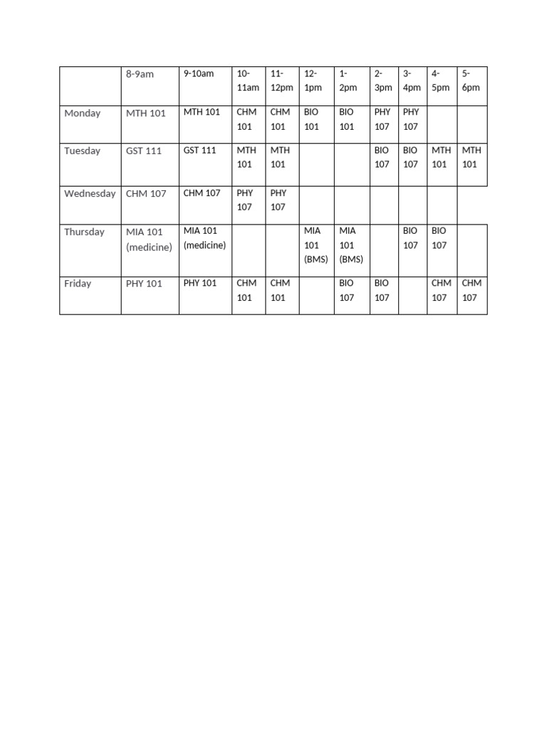 BMS 100 Level Time Table | PDF