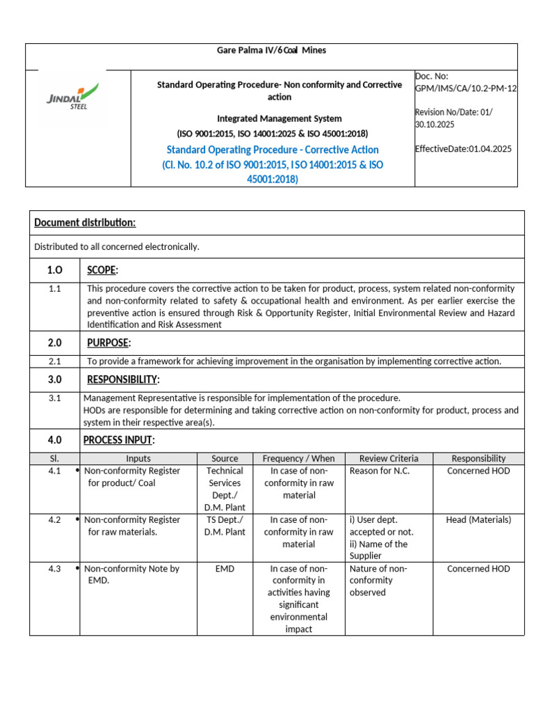 Corrective Action SOP for Coal Mines | PDF | Safety
