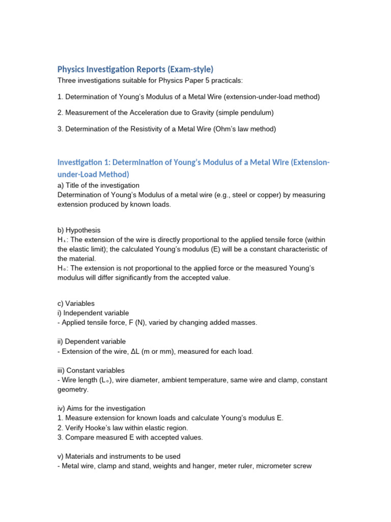 Paper 5 Physics Investigations Reports | PDF | Young's Modulus | Pendulum