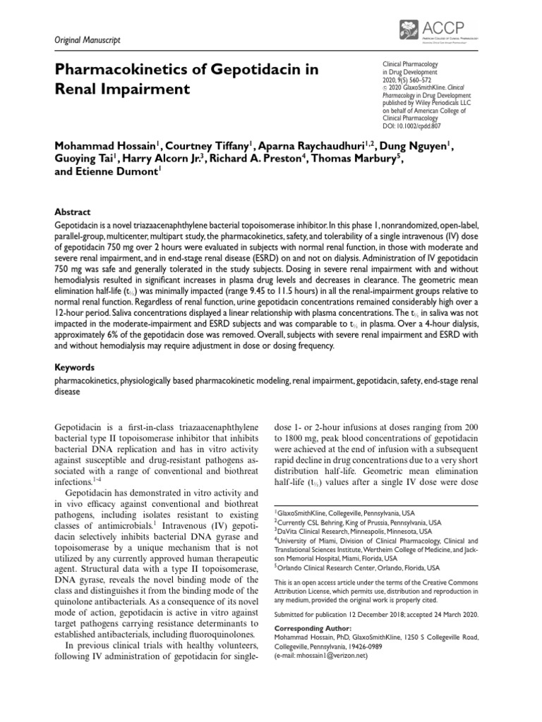Gepotidacin Renal | PDF | Pharmacokinetics | Dose (Biochemistry)