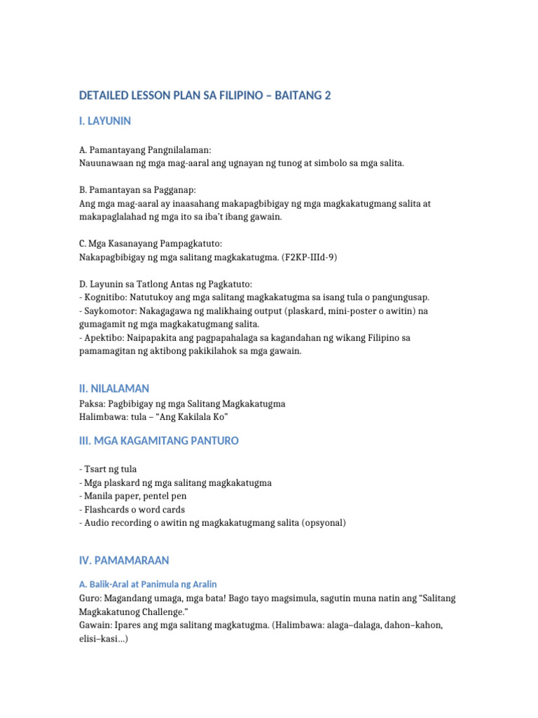 Pinalawak Na Lesson Plan Filipino Grade2 | PDF