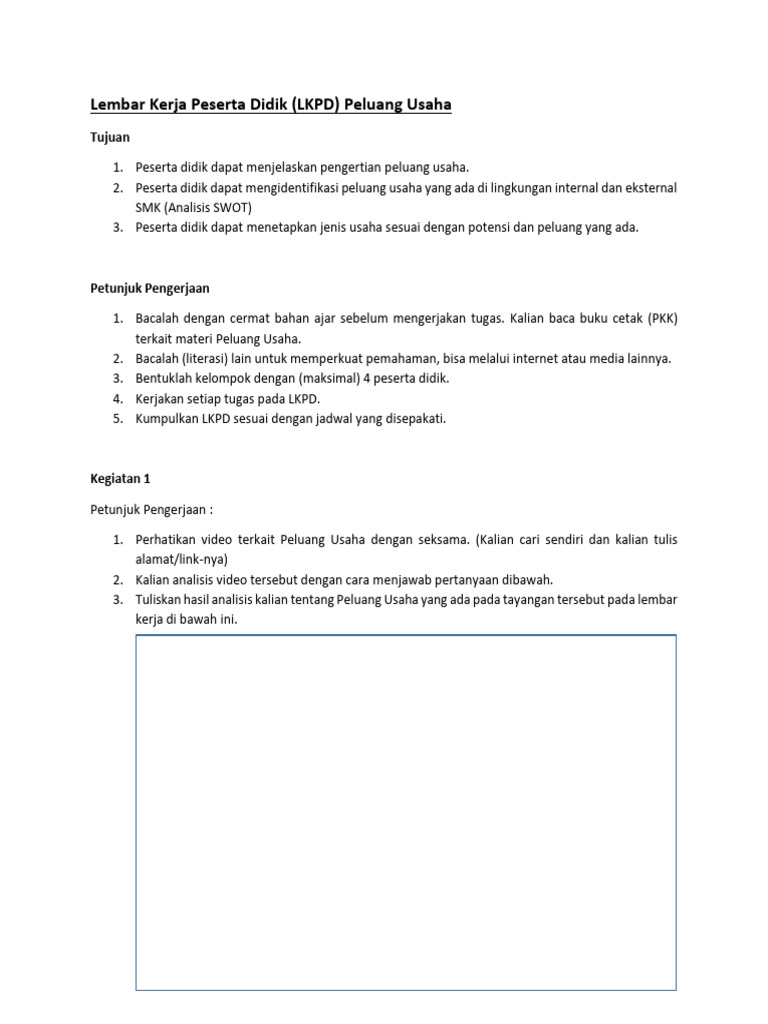 Lembar Kerja Peserta Didik (LKPD) RPP PM PKK (2025) Peluang Usaha | PDF