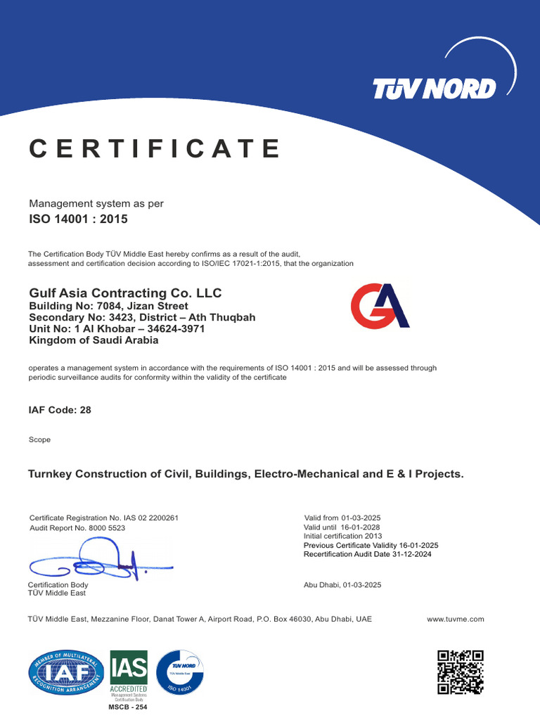 Certificate: Gulf Asia Contracting Co. LLC | PDF