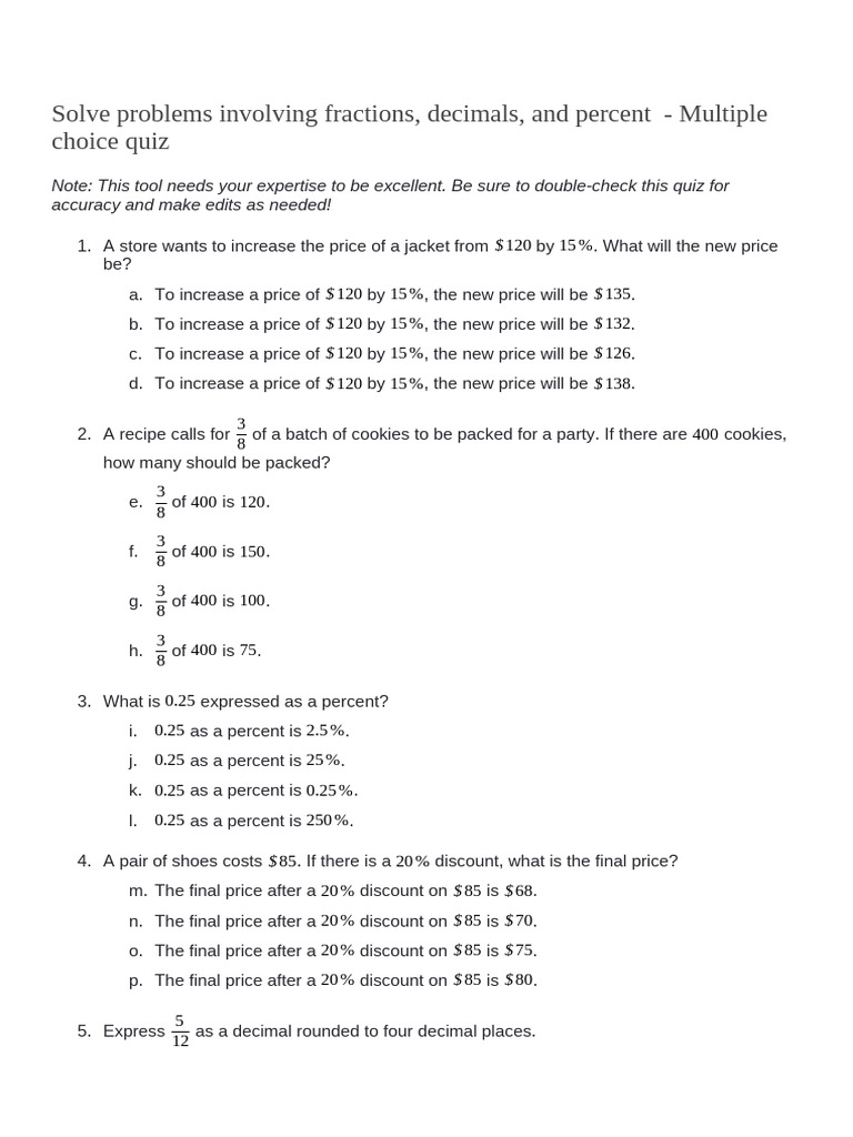 Solve Problems Involving Fractions, Decimals, and Percent - Multiple ...