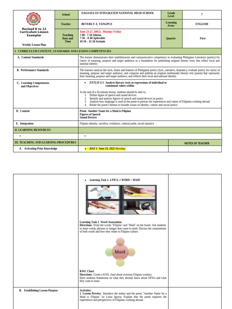 K to 12 English Lesson Plan Exemplar | PDF | Poetry | Rhyme