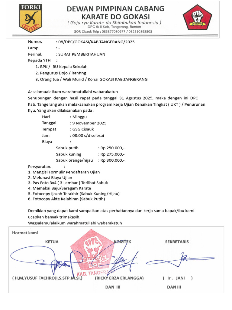 Ujian Kenaikan Tingkat Karate GOKASI 2025 | PDF