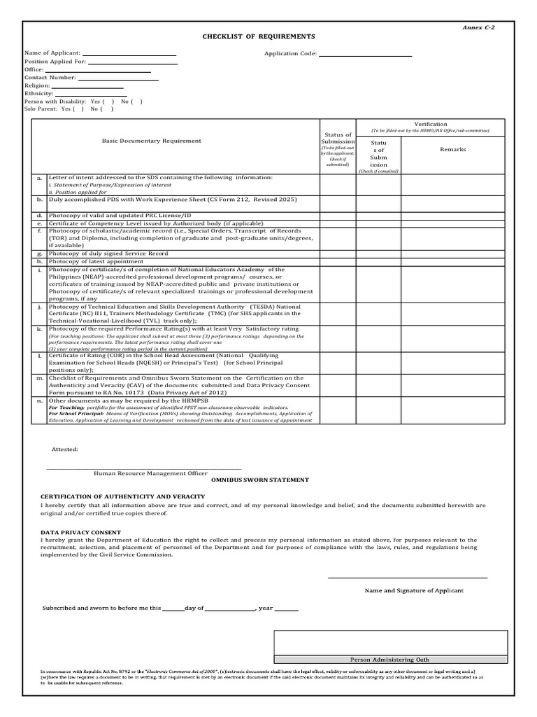 Annex C 2 Checklist of Requirements and Omnibus Sworn Statement | PDF