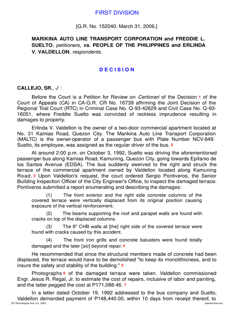 Marikina Auto Line Transport Corp. v. People | PDF | Damages | Burden ...