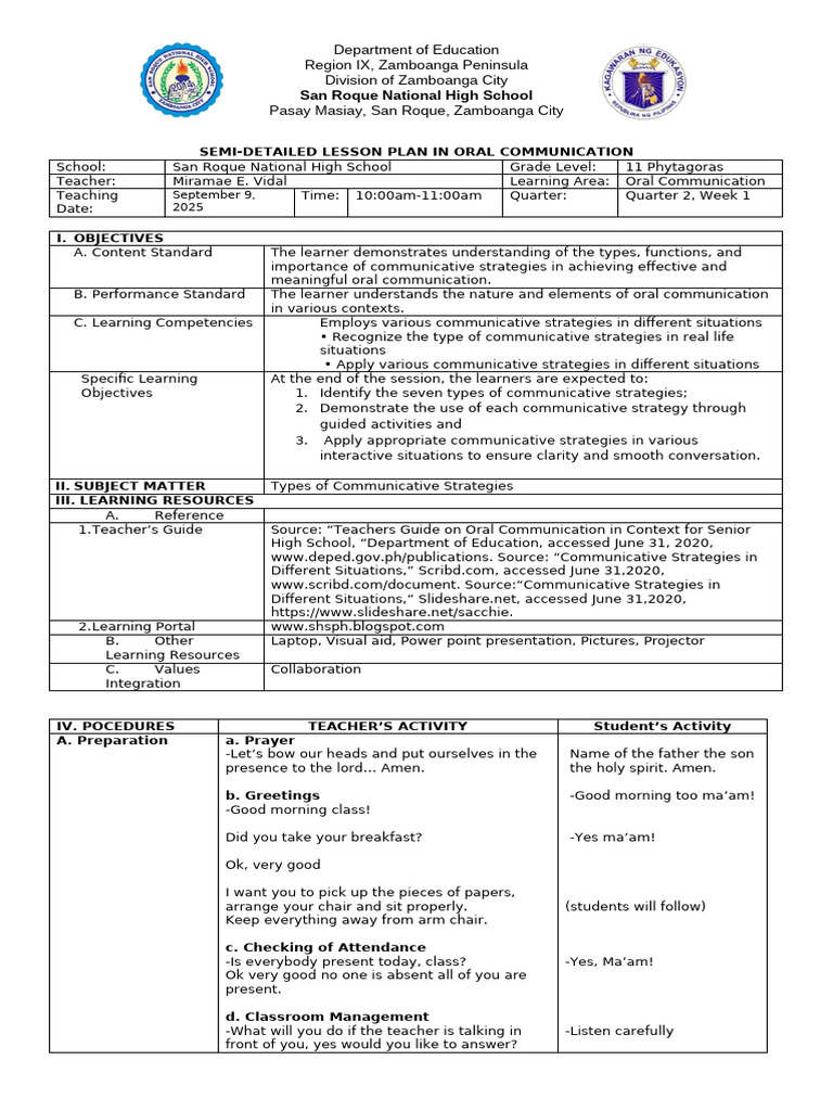 Types of Communicative Strategies ORALCOM DLP 2nd Quarter | PDF | Learning | Communication