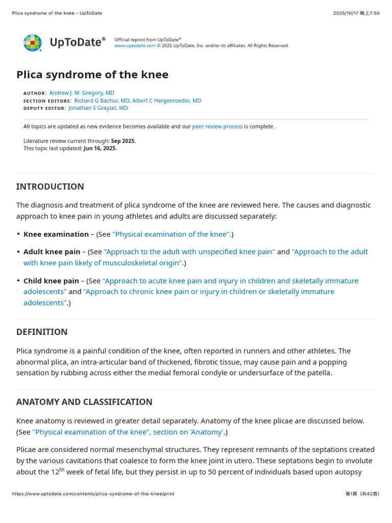 Plica Syndrome of The Knee - UpToDate | PDF | Knee | Foot