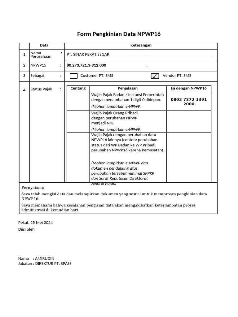 Surat & Form Pengkinian NPWP PT. SMS | PDF