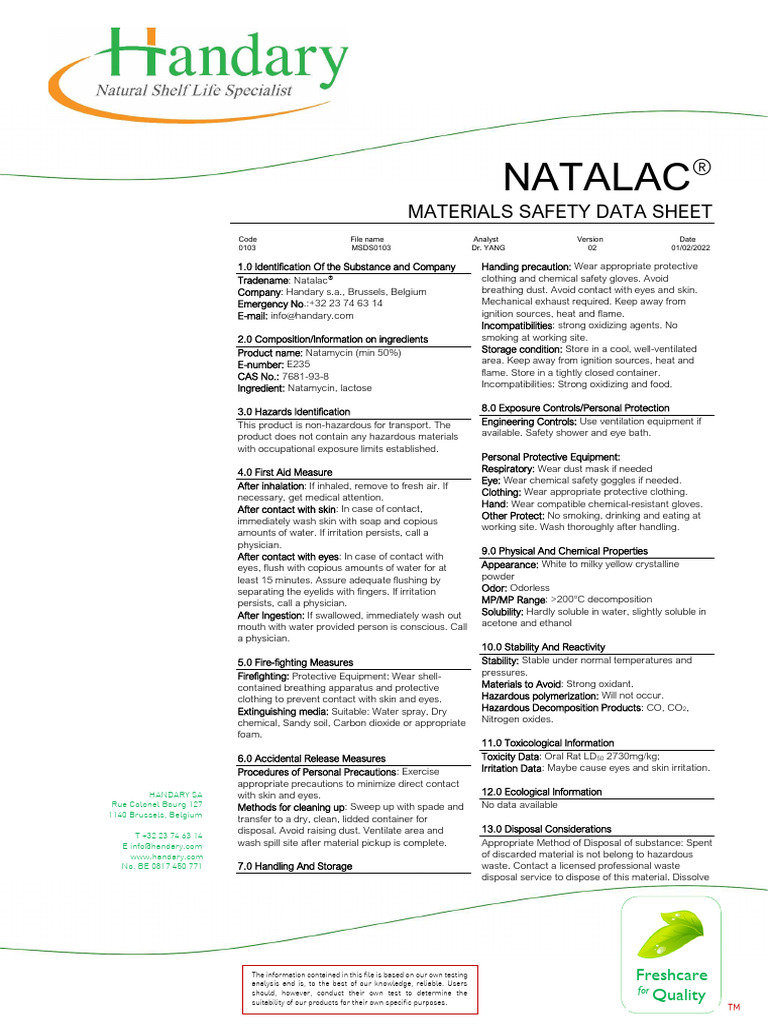 MSDS_0103_Natalac | PDF | Carbon Dioxide | Personal Protective Equipment