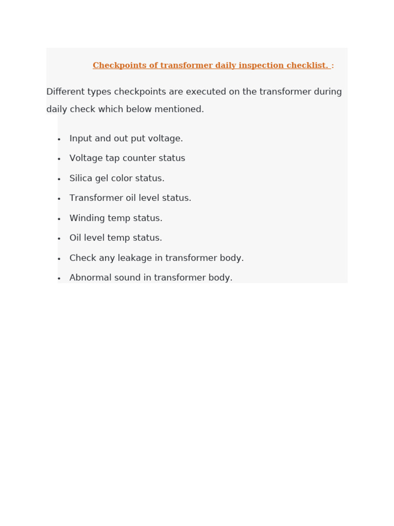 Checkpoints of Transformer Daily Inspection Checklist | PDF