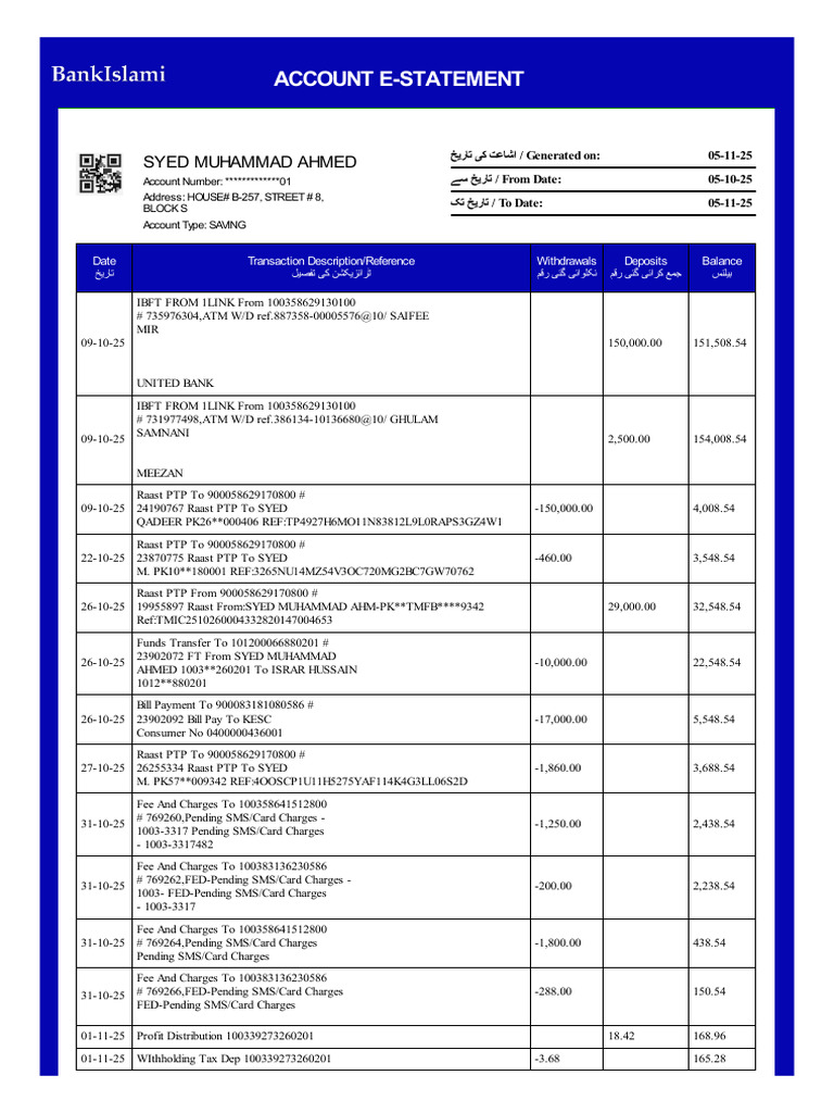 BankIslami Statement 05 Nov 2025 | PDF | Fee | Banks