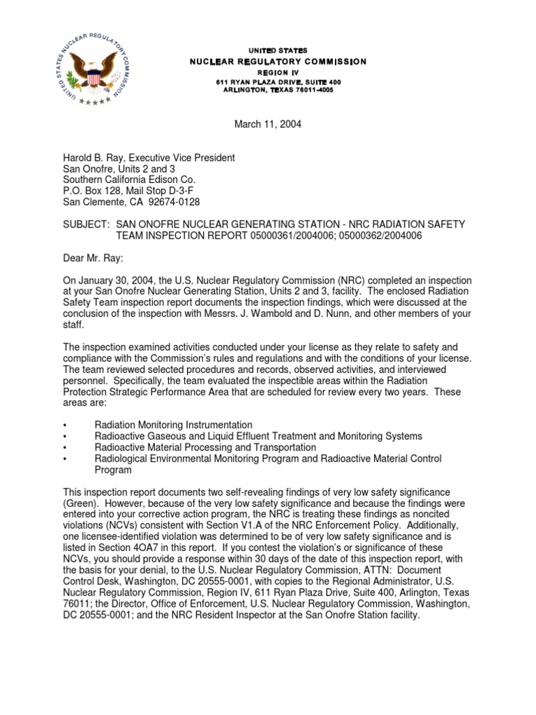 San Onofre Nuclear Generating Station - NRC Radiation Safety Team ...