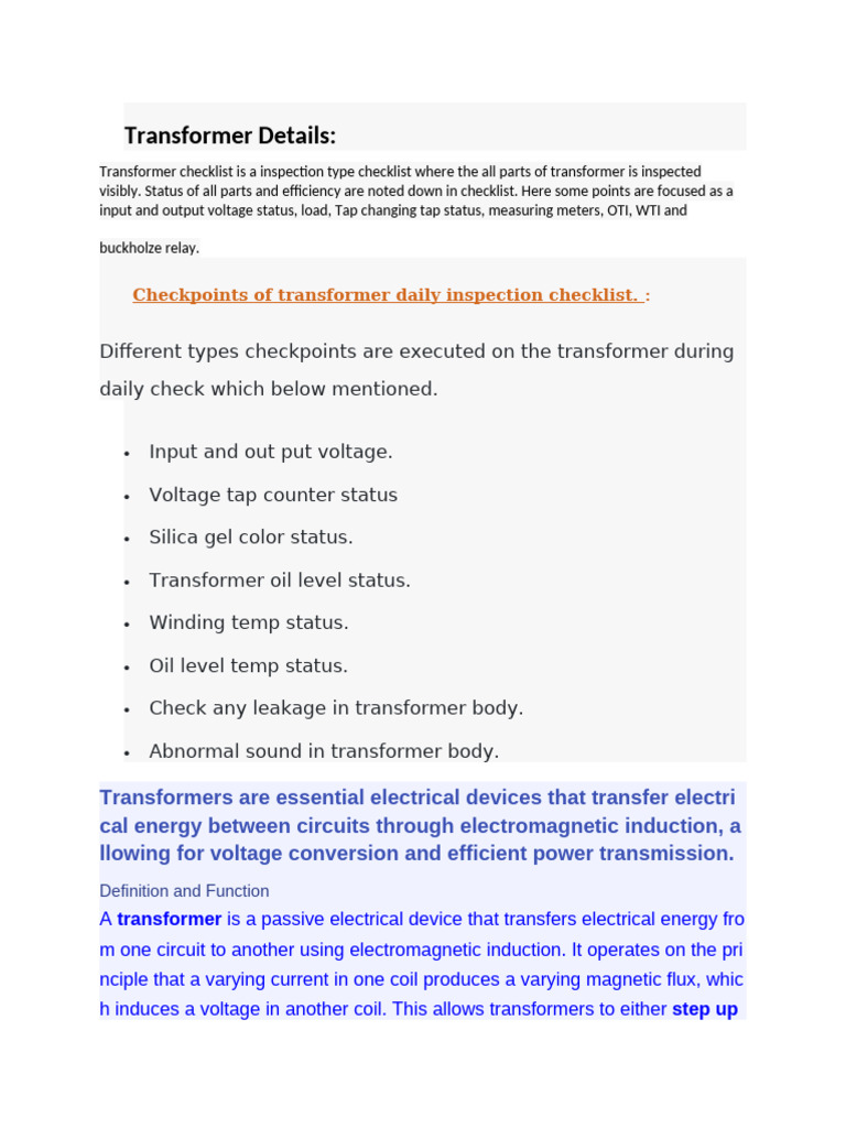 Checkpoints of Transformer Daily Inspection Checklist | PDF ...