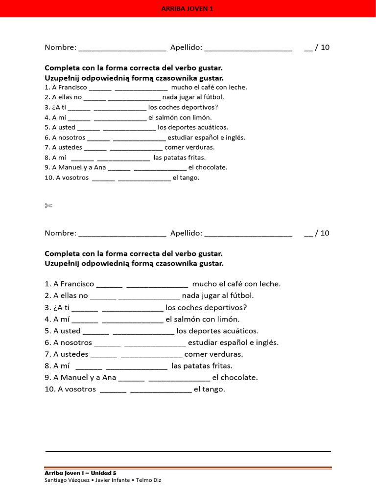 Ejercicios de verbo gustar en español | PDF