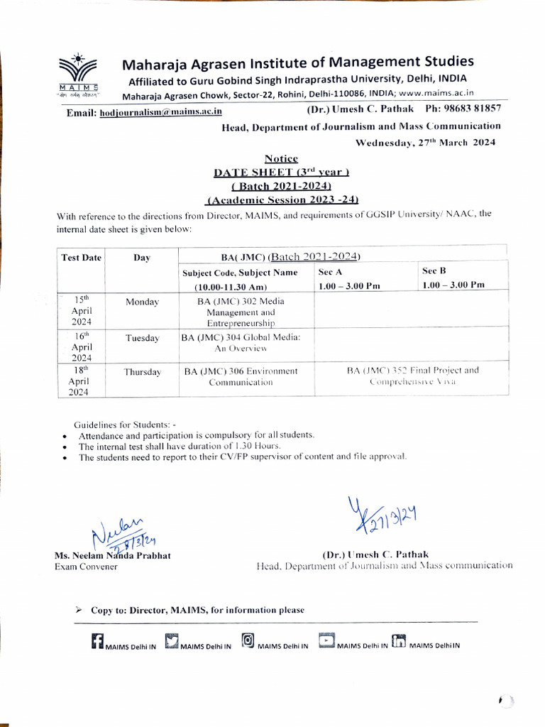 Internal Examination Datesheet 3rd Year Pdf