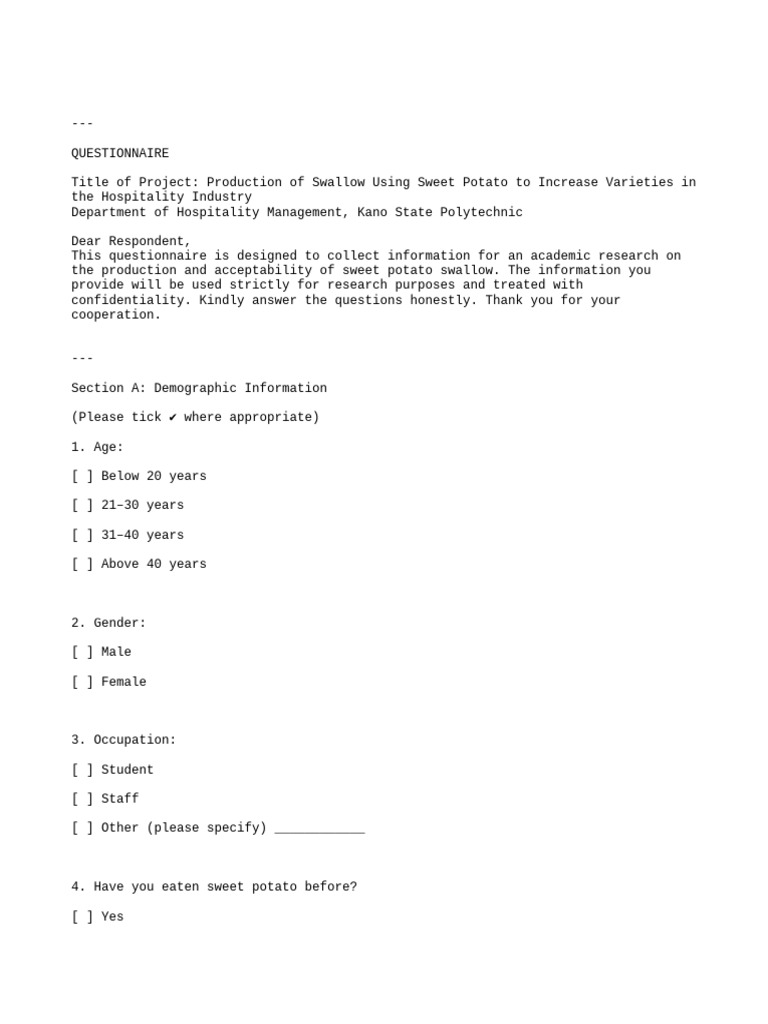 Sweet Potato Swallow Research Questionnaire | PDF