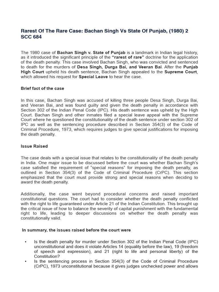 Bachan Singh Case: Rarest of Rare Doctrine | PDF | Capital Punishment ...