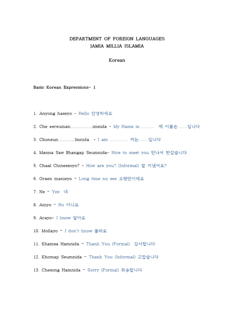 Basic Korean Expressions Guide | PDF