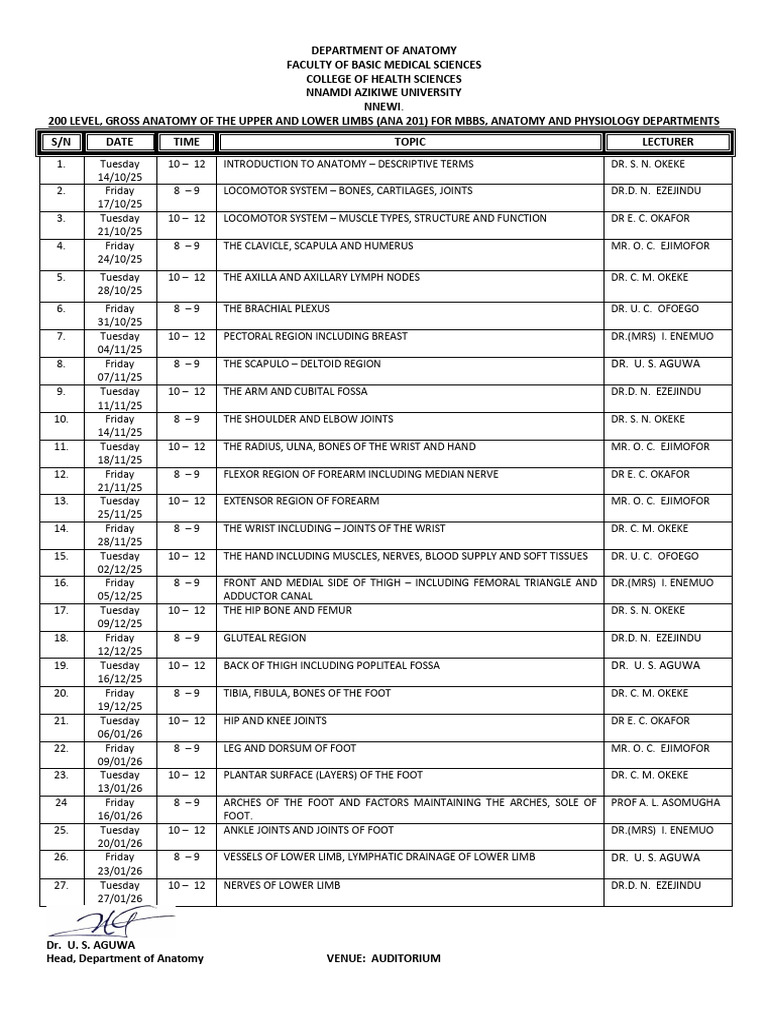 Anatomy Lecture Schedule 2025-2026 | PDF | Human Leg | Arm