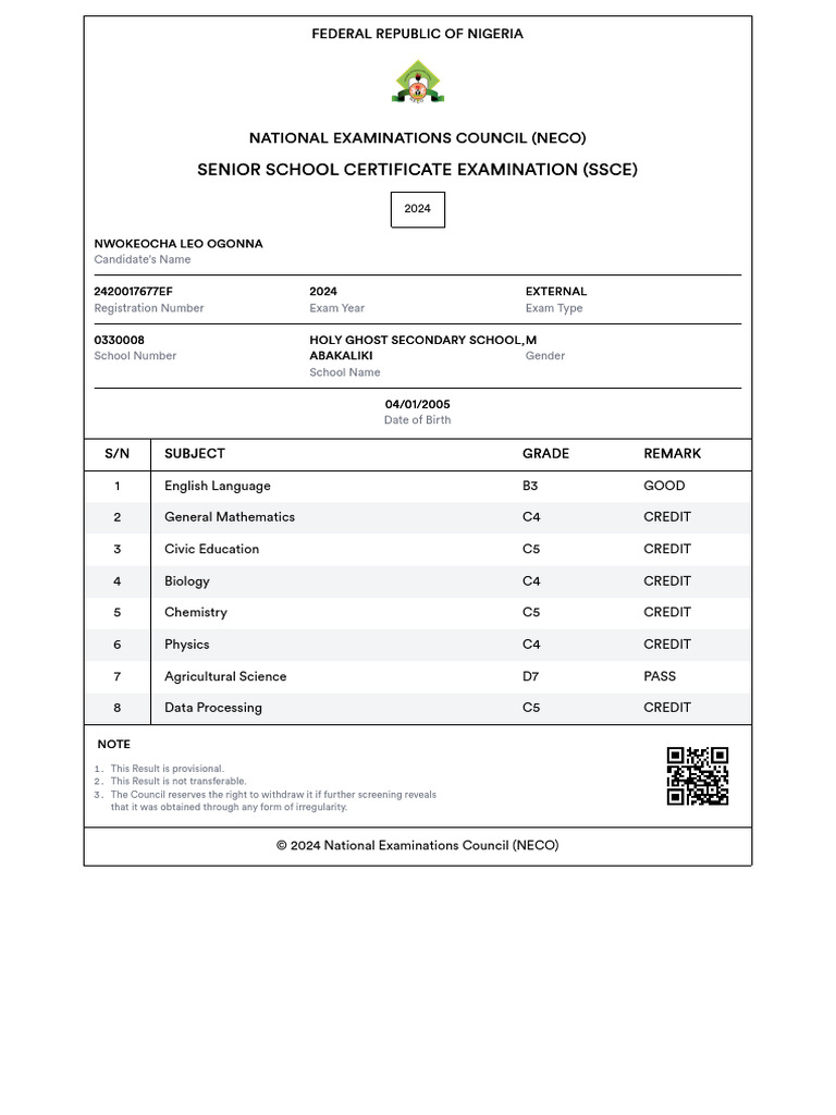 NECO 2024 Senior School Certificate Results | PDF