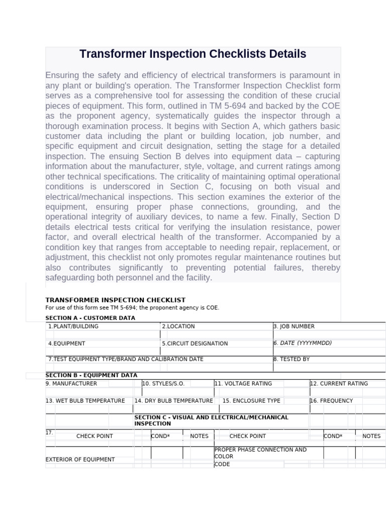 Transformer Safety Inspection Checklist | PDF | Transformer | Insulator ...