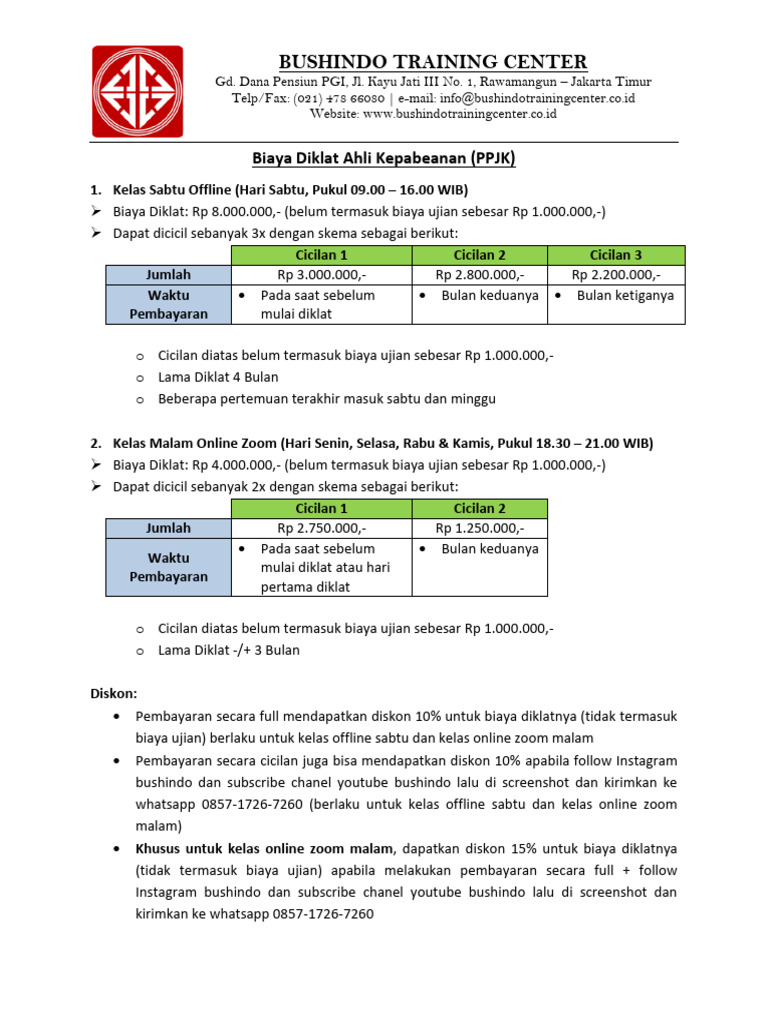Biaya Diklat Kepabeanan Bushindo 2023 | PDF