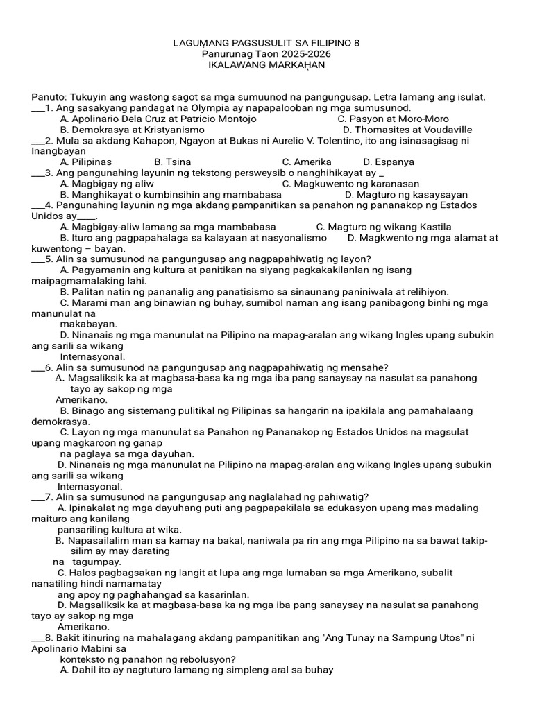 Edited Q 2 Lagumang Pagsusulit Sa Filipino 8 2025 | PDF