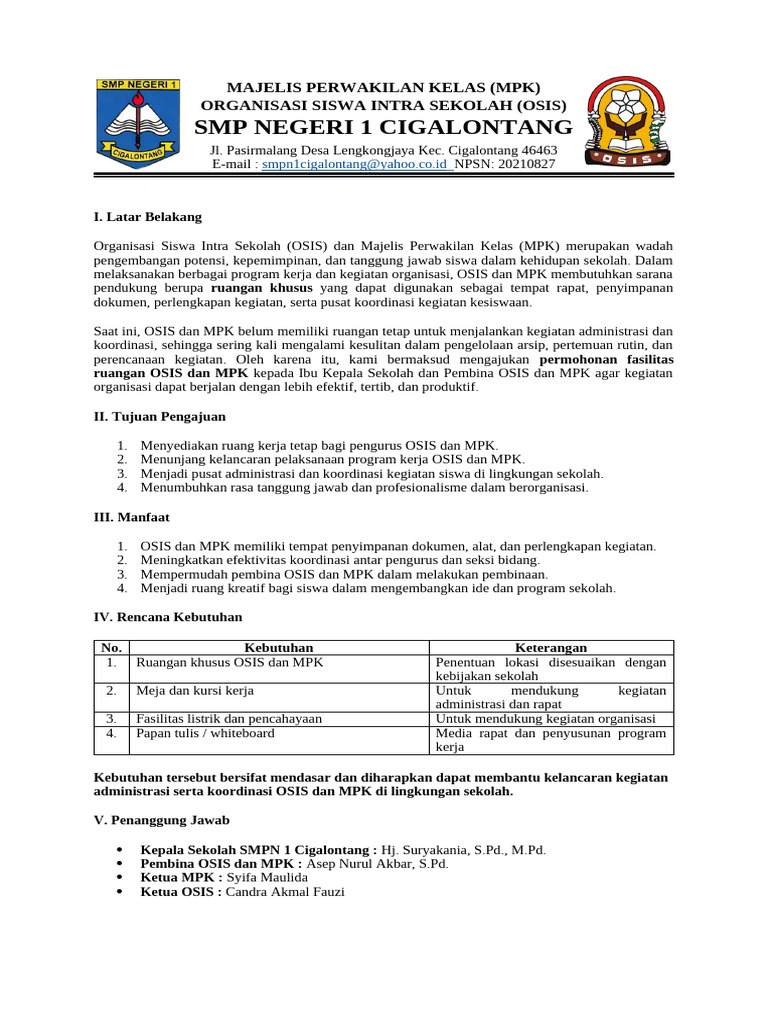 Permohonan Ruang OSIS dan MPK SMPN 1 | PDF