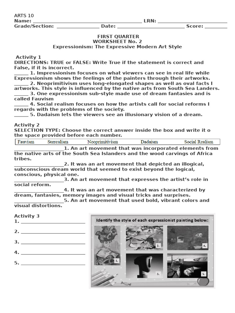 Worksheet 2 Expressionism | PDF