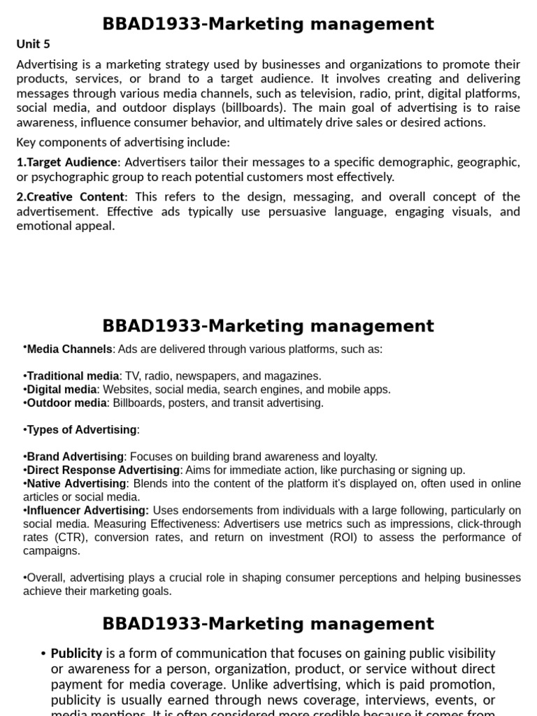 BBAD 1933 Marketing Management PPT Unit 5 | PDF | Public Relations ...