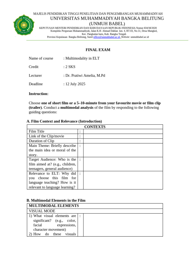 Final Exam Template Multimodal in ELT | PDF | Human Communication ...