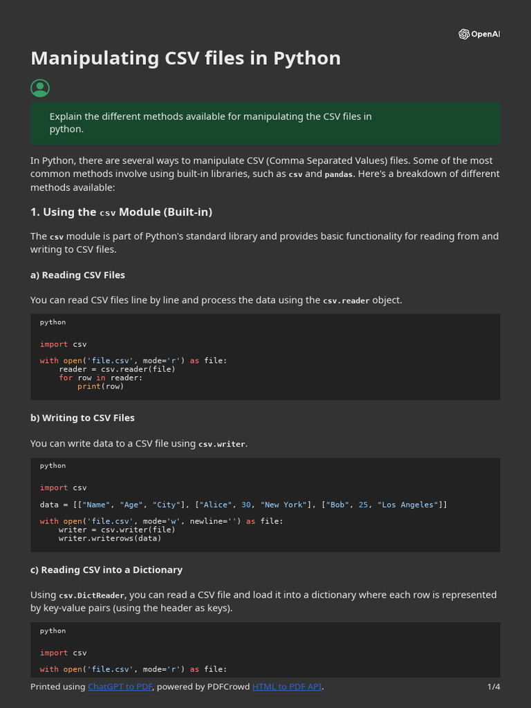 Manipulating CSV Files in Python | PDF | Comma Separated Values | Python (Programming Language)