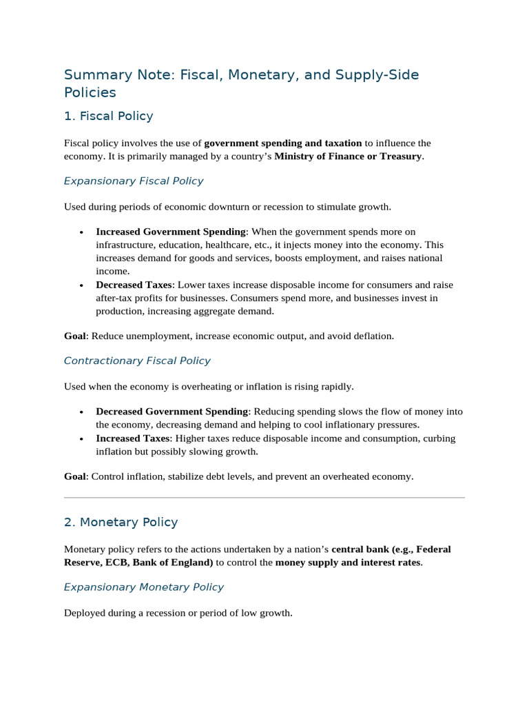 Fiscal, Monetary, Supply Side Policies | PDF | Fiscal Policy | Monetary ...