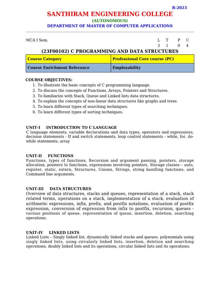 C Programming & DataStructures Syllabus | PDF | Pointer (Computer Programming) | C (Programming ...